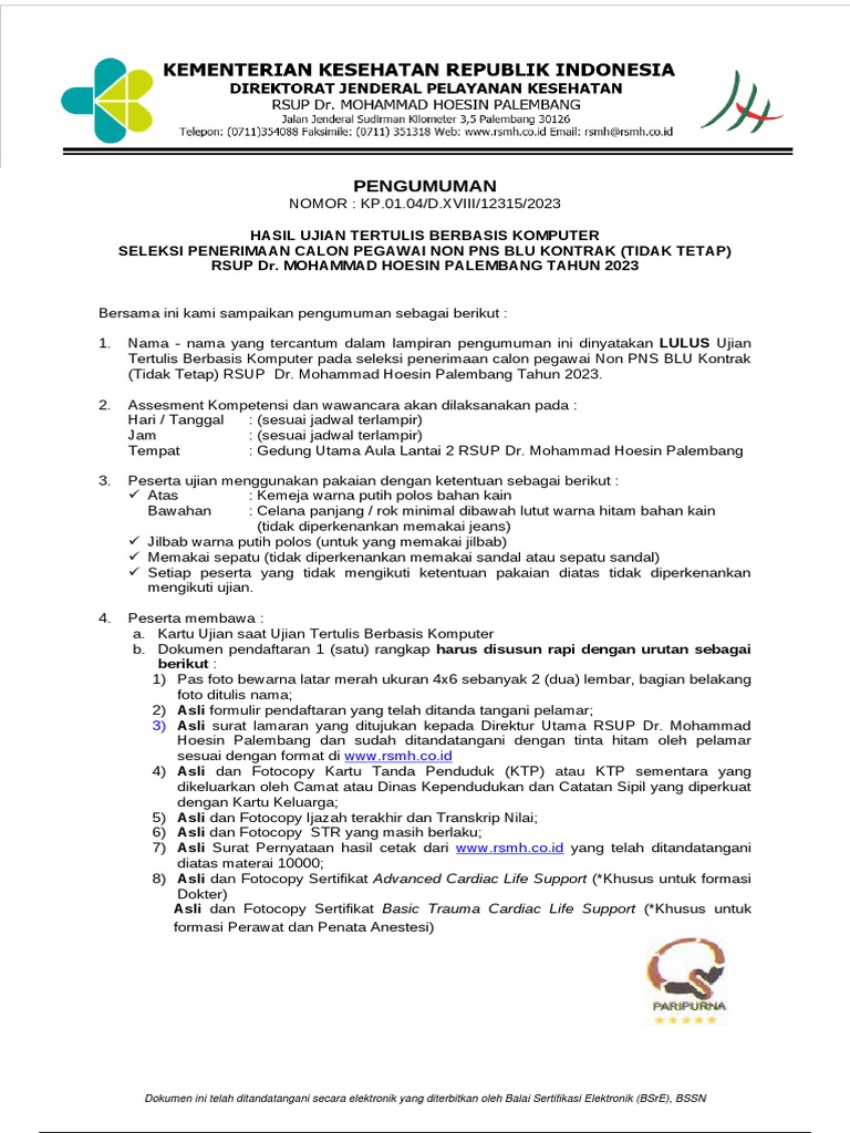 Pengumuman Hasil Ujian Tertulis Berbasis Komputer RSMH | PDF