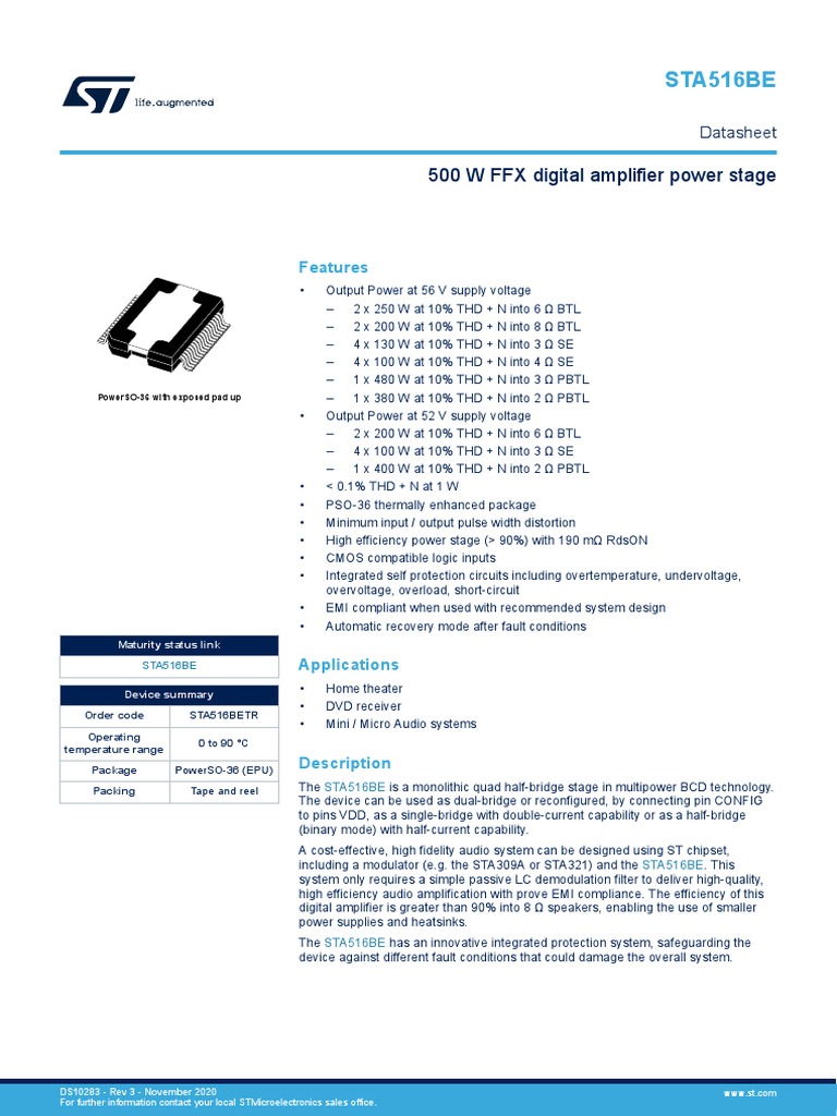 STMicroelectronics - T-Amp - Sta516be | PDF | Electrical Circuits ...