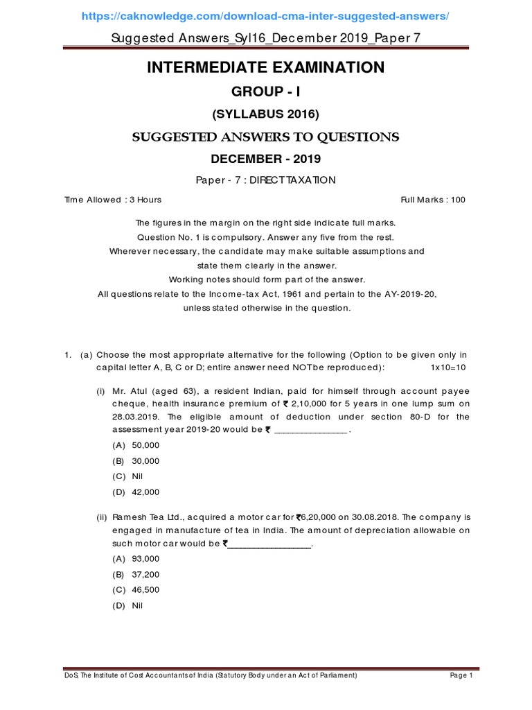 CMA Inter Direct Tax Suggested Answer Dec 2019 | Download Free PDF ...