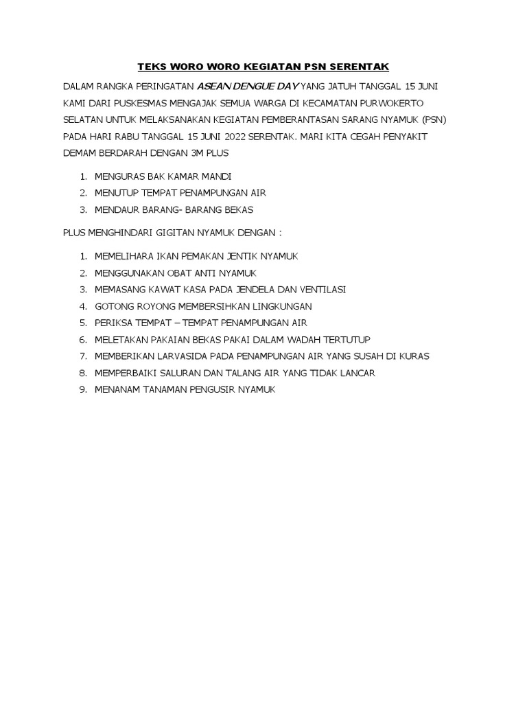 Teks Woro Woro Kegiatan PSN Serentak | PDF