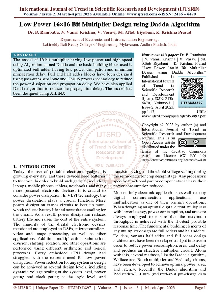 Low Power 16×16 Bit Multiplier Design Using Dadda Algorithm | PDF ...