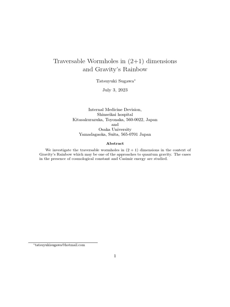 Traversable Wormholes in (2+1) Dimensions | Download Free PDF | Gravity | Theoretical Physics