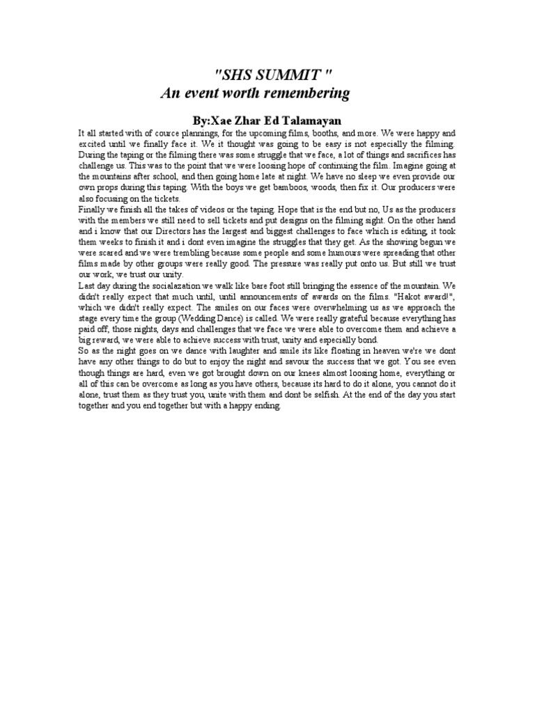 Shs Summit A Day Worth Remembering | PDF