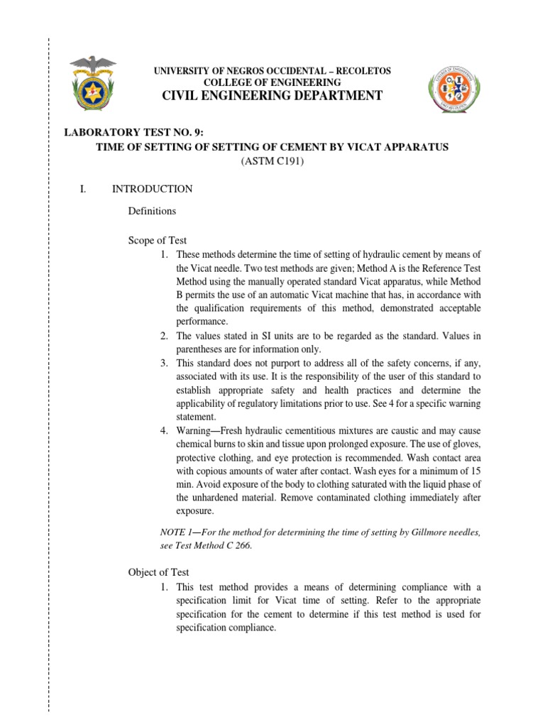 Cement Setting Time Test by Vicat | PDF | Cement | Concrete