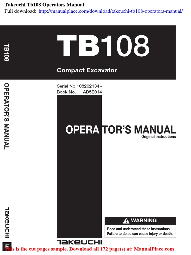 Takeuchi Tb108 Operators Manual | PDF | Safety | Hearing Loss