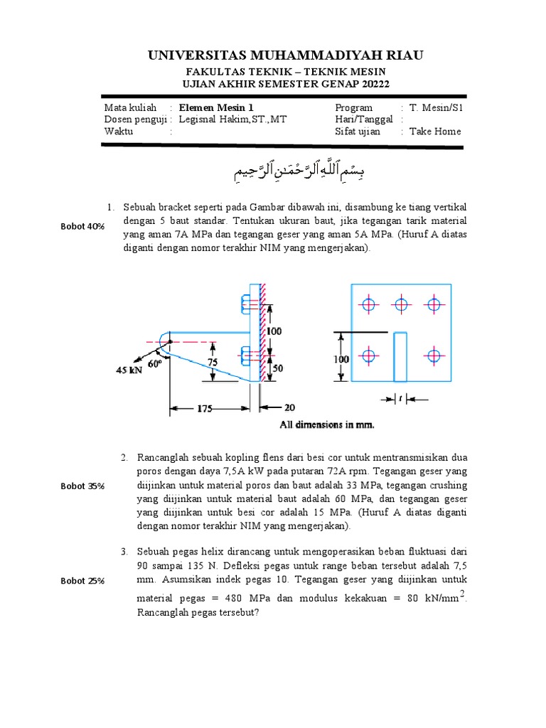 27a06 Soal Uas Elemen Mesin 1 Genap 20222 | PDF
