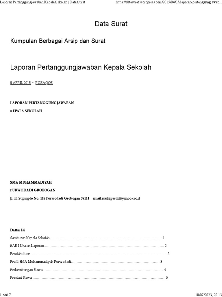 Laporan Pertanggungjawaban Kepala Sekolah Data Surat | PDF