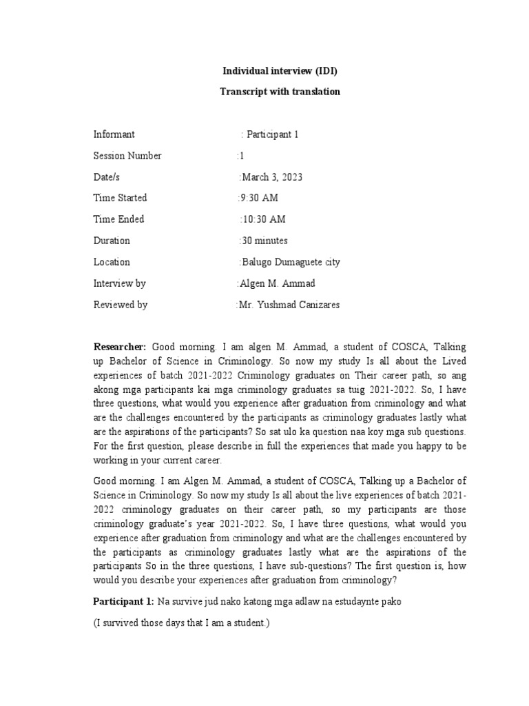 Individual Interview IDI | PDF