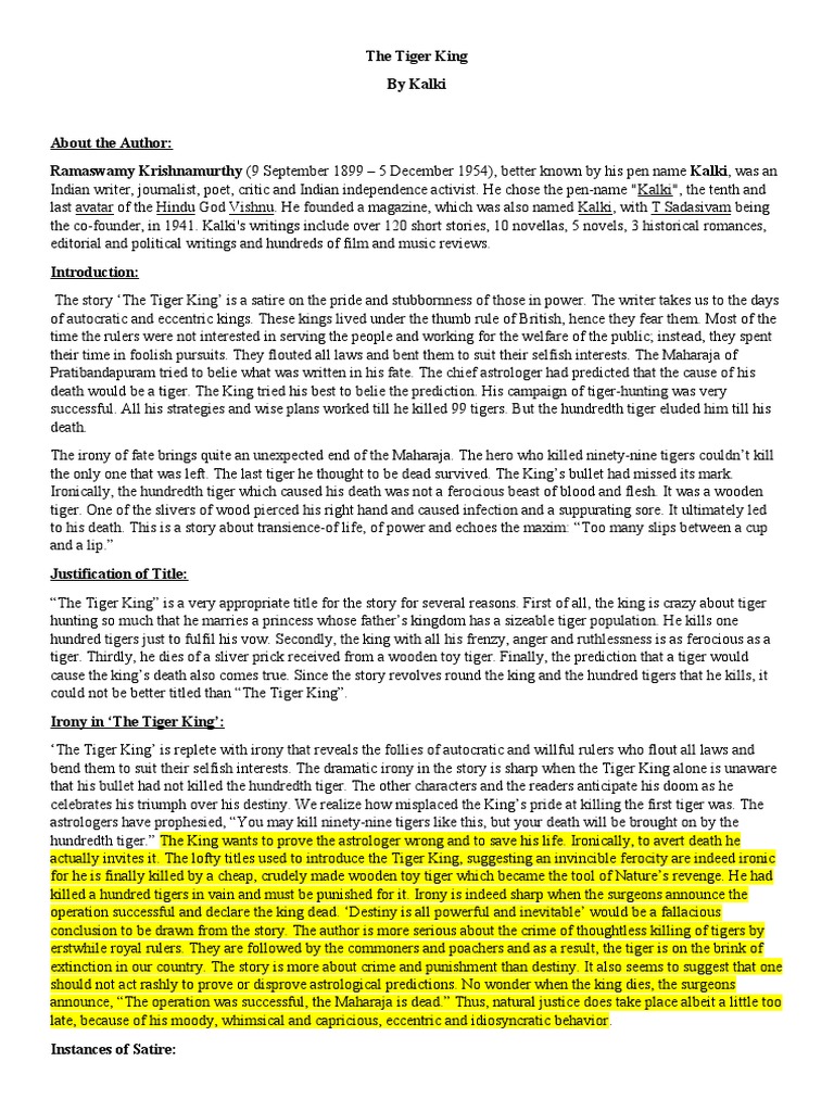The Tiger King Final Notes | PDF | Kalki Krishnamurthy