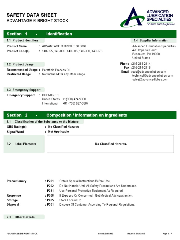 Advanced Bright Stock SDS | PDF | First Aid | Combustion
