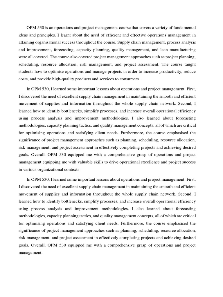 Self Reflection Opm 530 | PDF | Project Management | Supply Chain ...