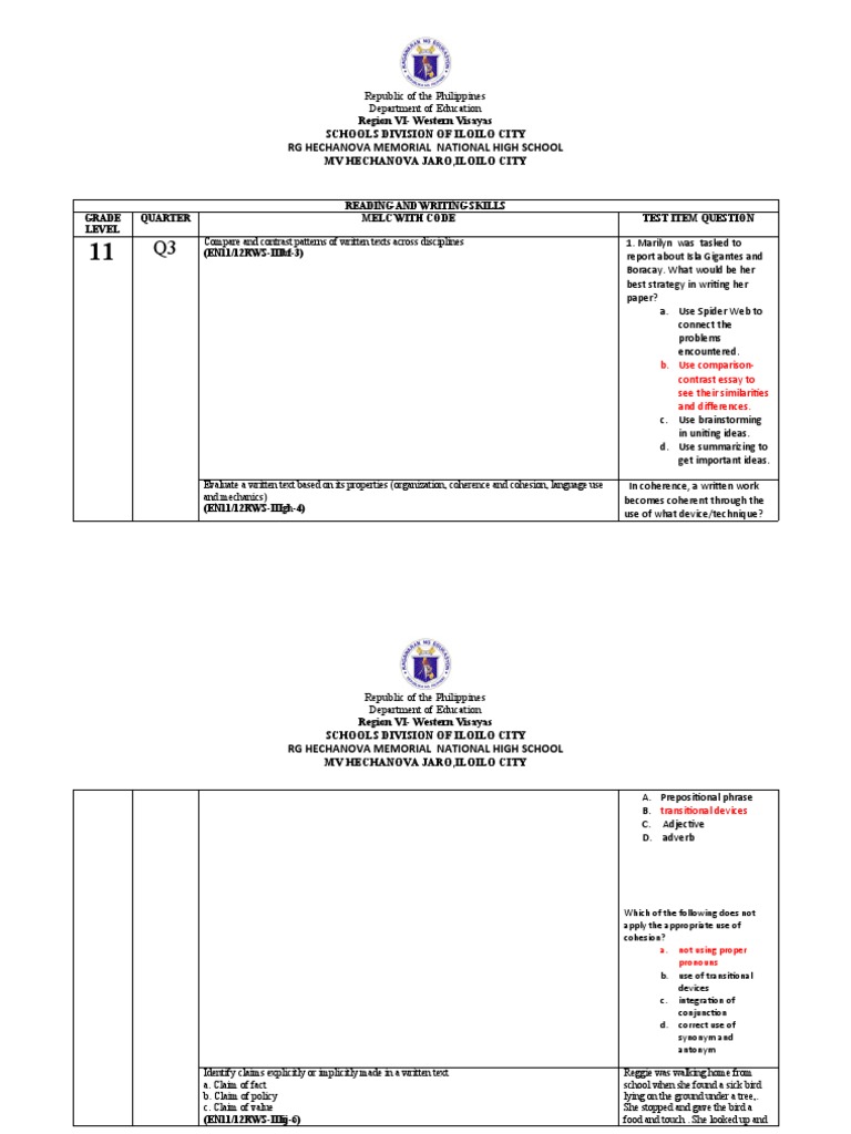 Reading and Writing Skills Melc RG Hechanova MNHS | PDF ...