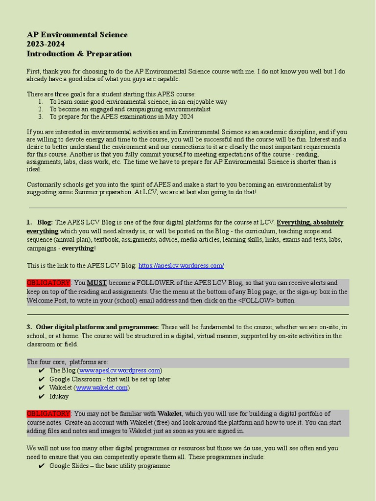 AP Environmental Science Course Overview | PDF | Advanced Placement ...