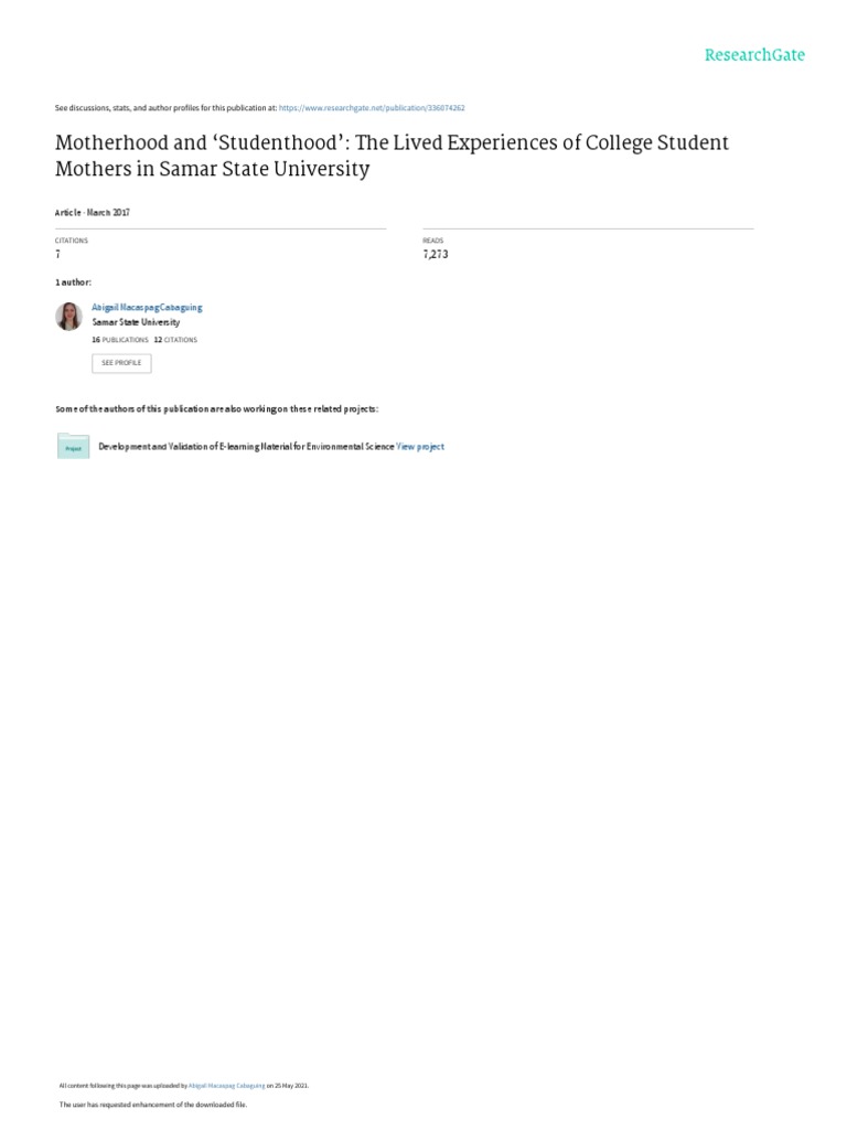 Motherhoodand Studenthood The Lived Experiencesof College Student ...