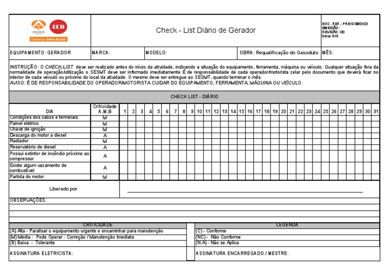 Check - List Diário de Gerador | PDF | Motores | Diesel
