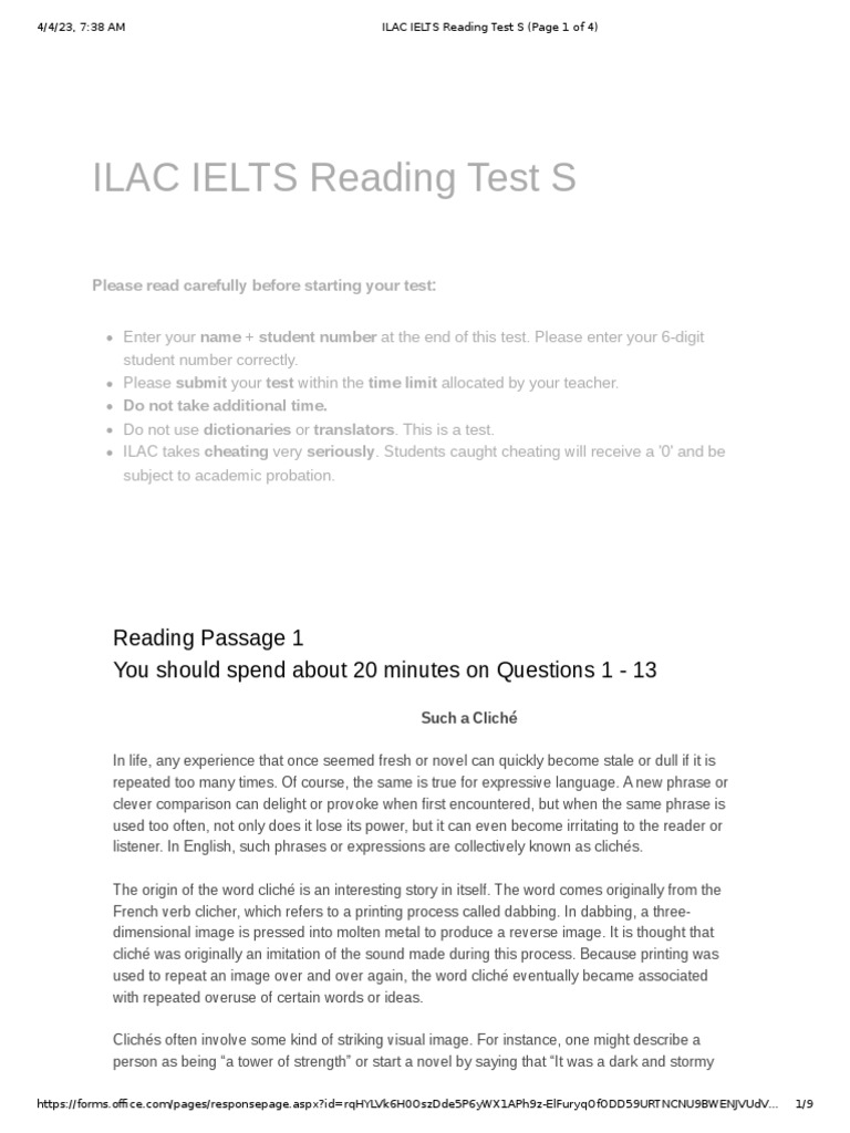 ILAC IELTS Reading Test S (Page 1 of 4) | PDF | Cognitive Science ...