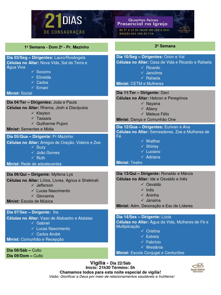 Escala 21 Dias de Consagração - 1 e 2 Semana | PDF
