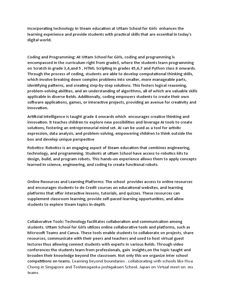 Technology in STEAM Education at Uttam School | PDF | Computer Programming | Artificial Intelligence