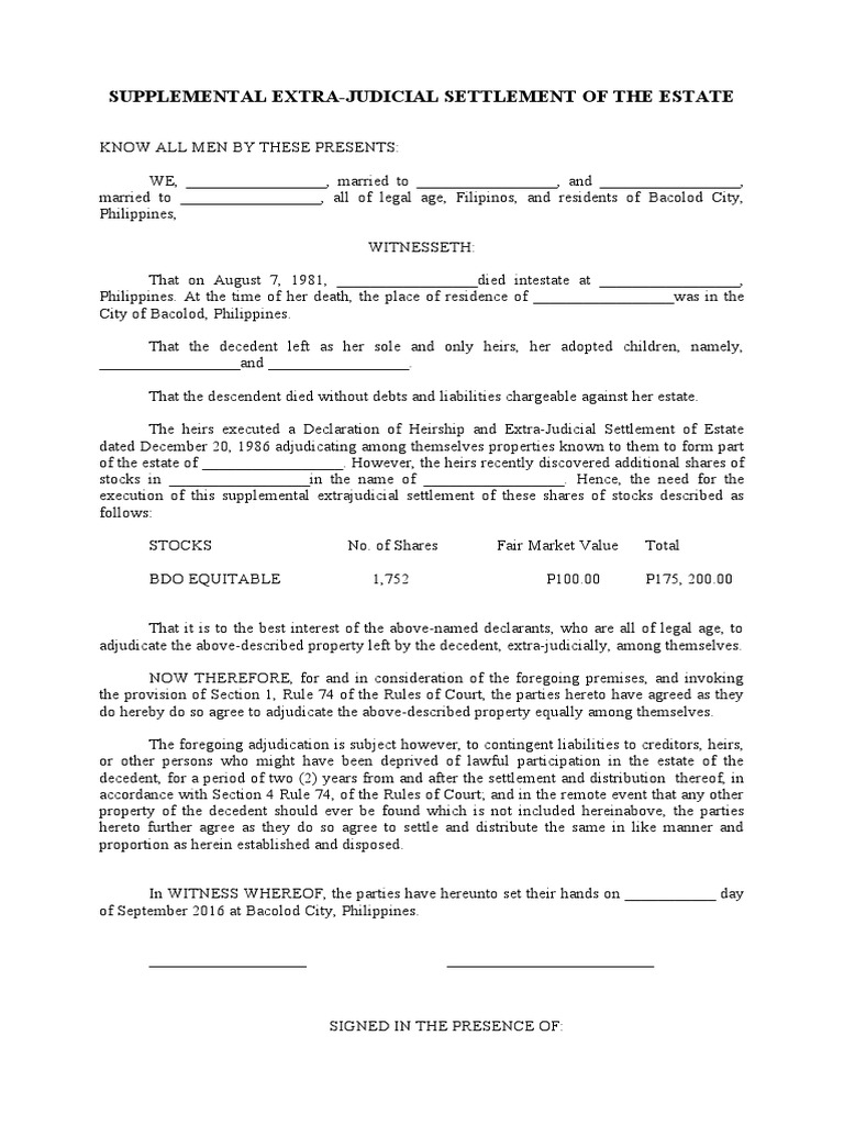 Supplemental Extrajudicial Settlement | PDF | Inheritance | Intestacy