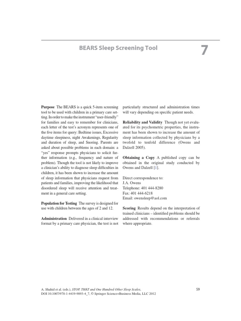 BEARS Sleep Screening Tool | PDF
