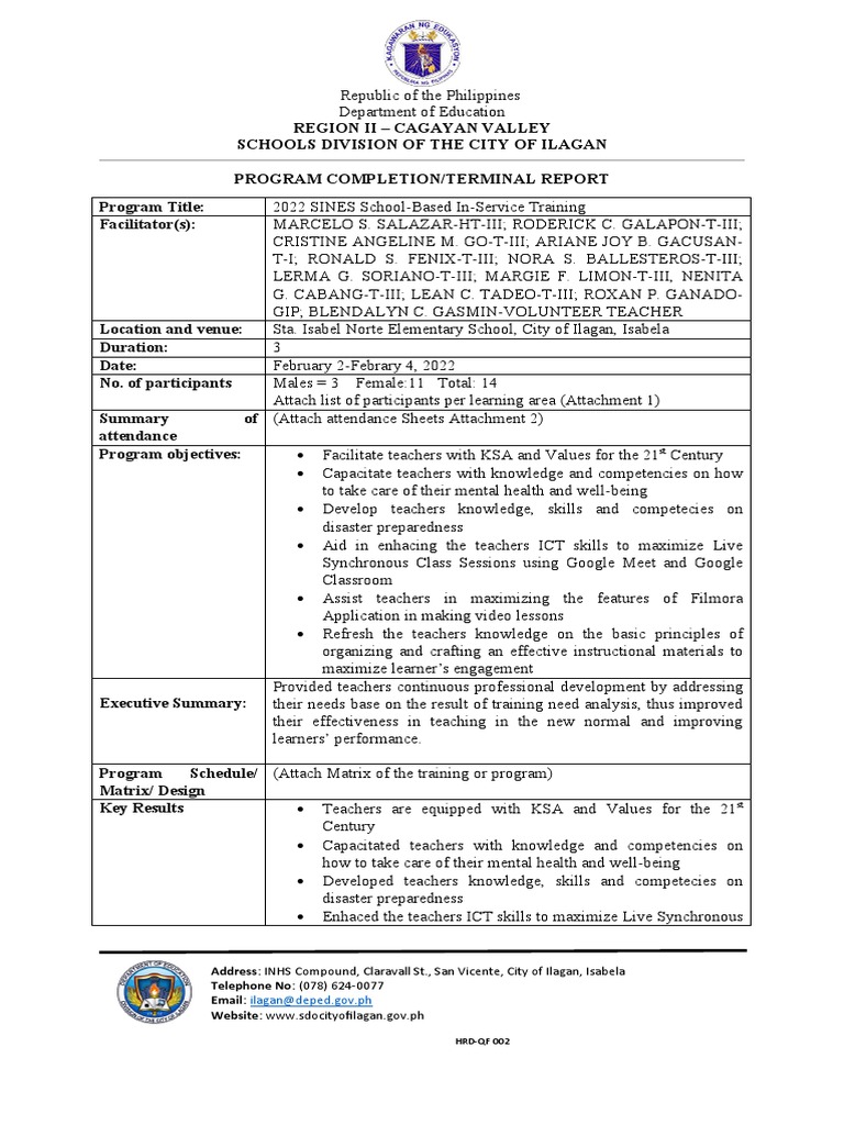 Sample Completion Or Terminal Report For Trainings Pdf Educational Technology Learning