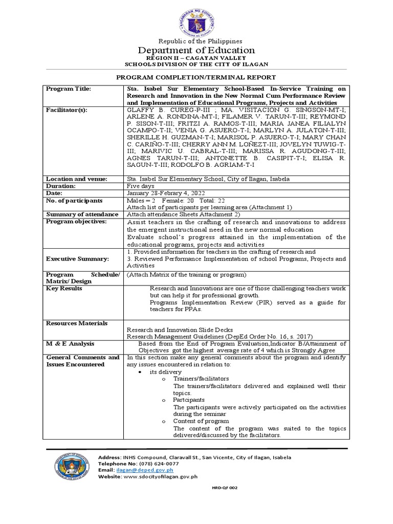 Completion Or Terminal Report For Trainings Pdf Program Evaluation