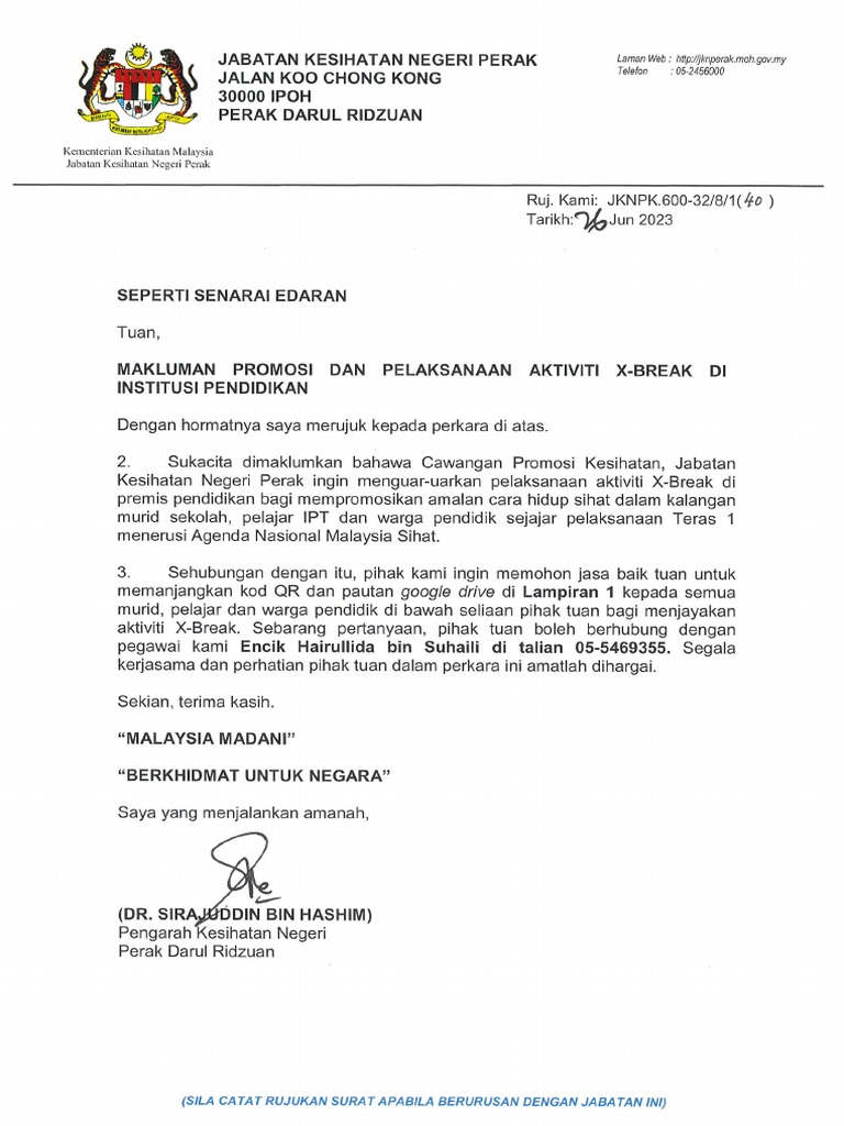 Surat Makluman Promosi Dan Pelaksanaan Aktiviti X Break Di Institusi | PDF