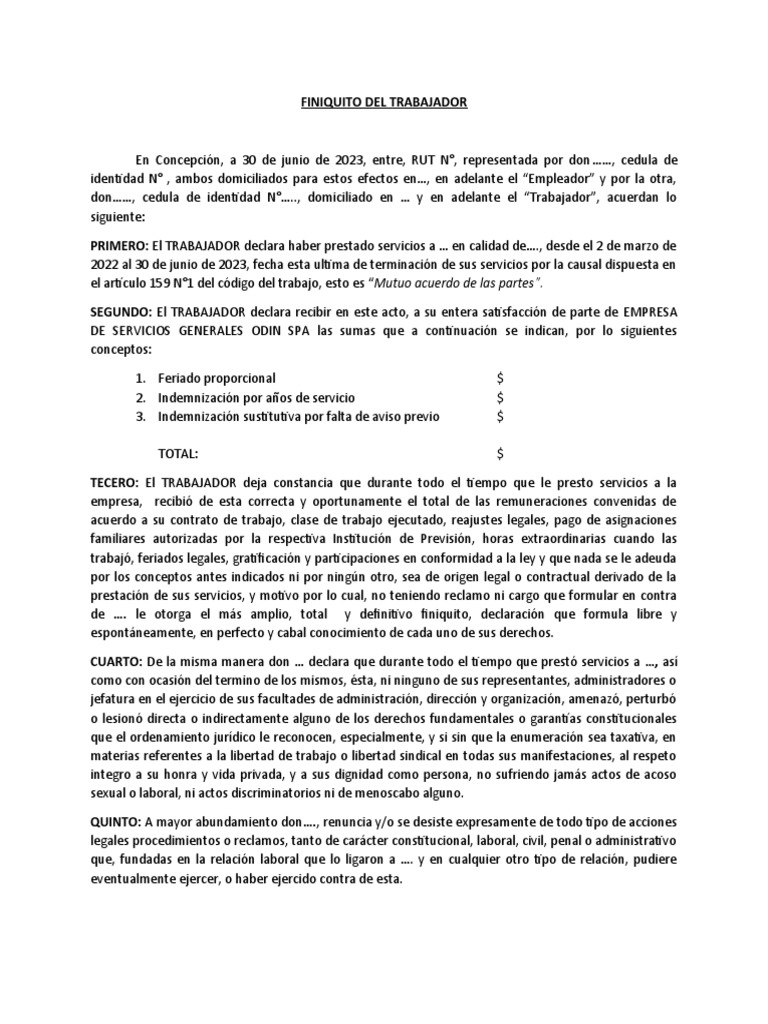 Finiquito Del Trabajador (Mutuo Acuerdo) | PDF