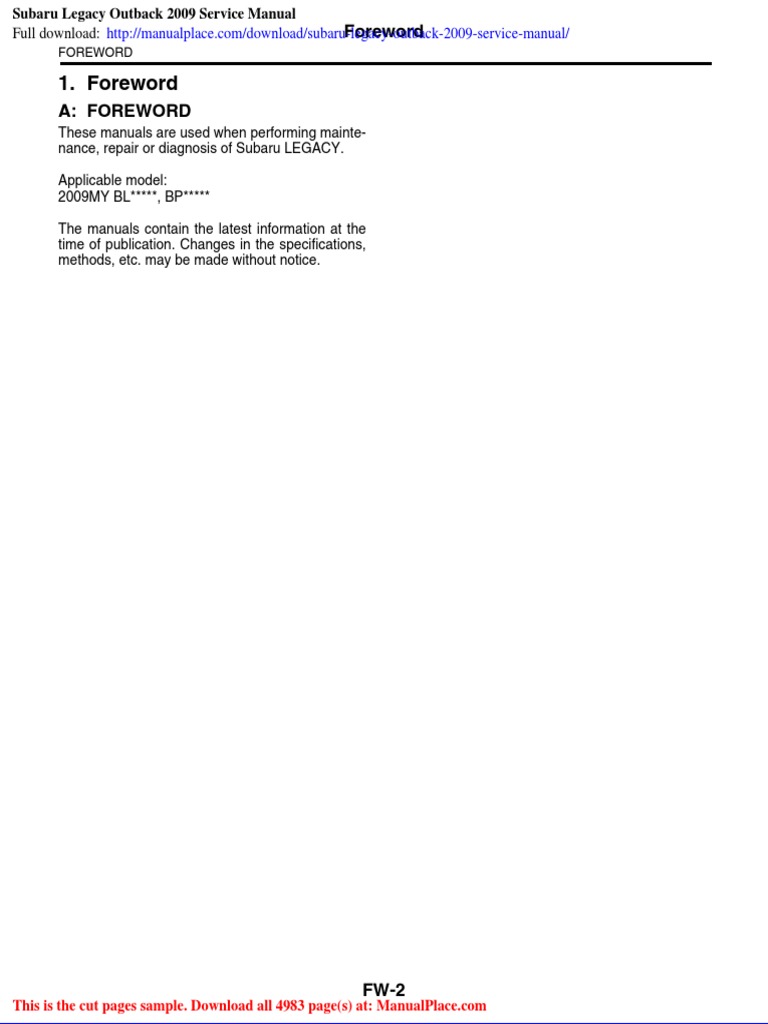 Subaru Legacy Outback 2009 Service Manual | PDF