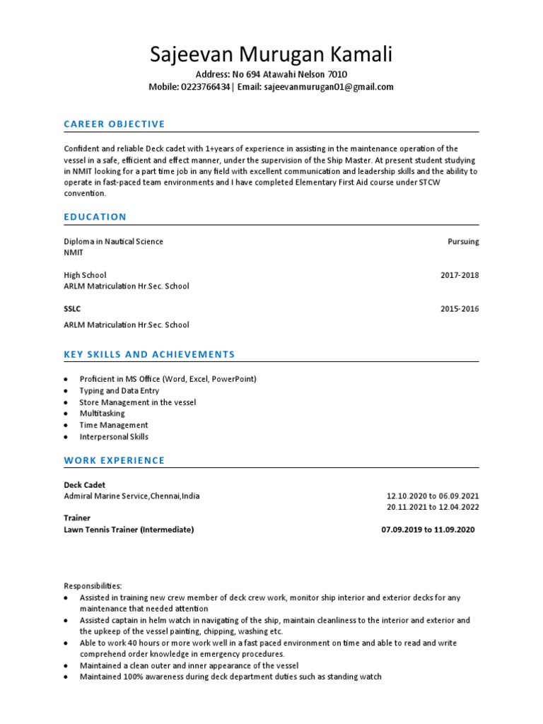 Deck Cadet Resume of Sajeevan Kamali | PDF | Cognition