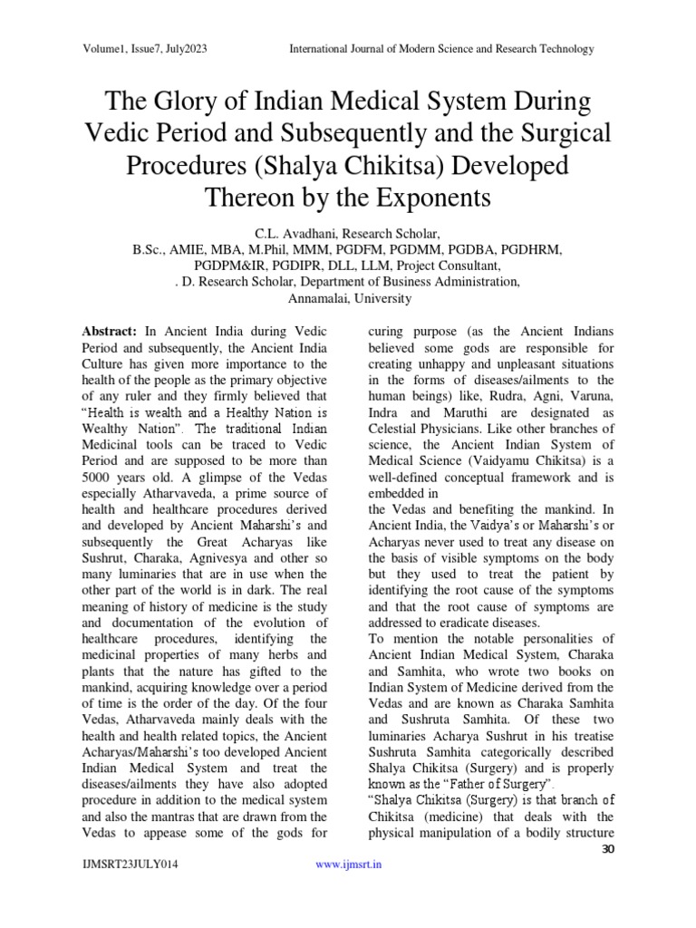 The Glory of Indian Medical System During Vedic Period and Subsequently ...