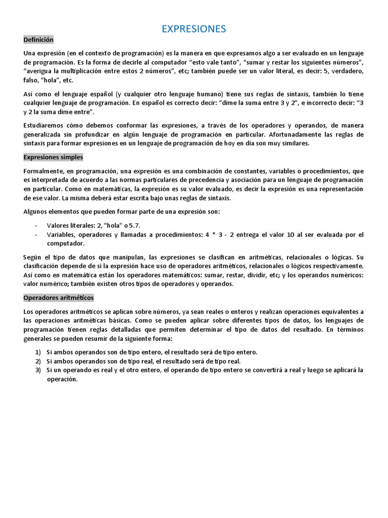 Expresiones | PDF | Lenguaje de programación | Entero