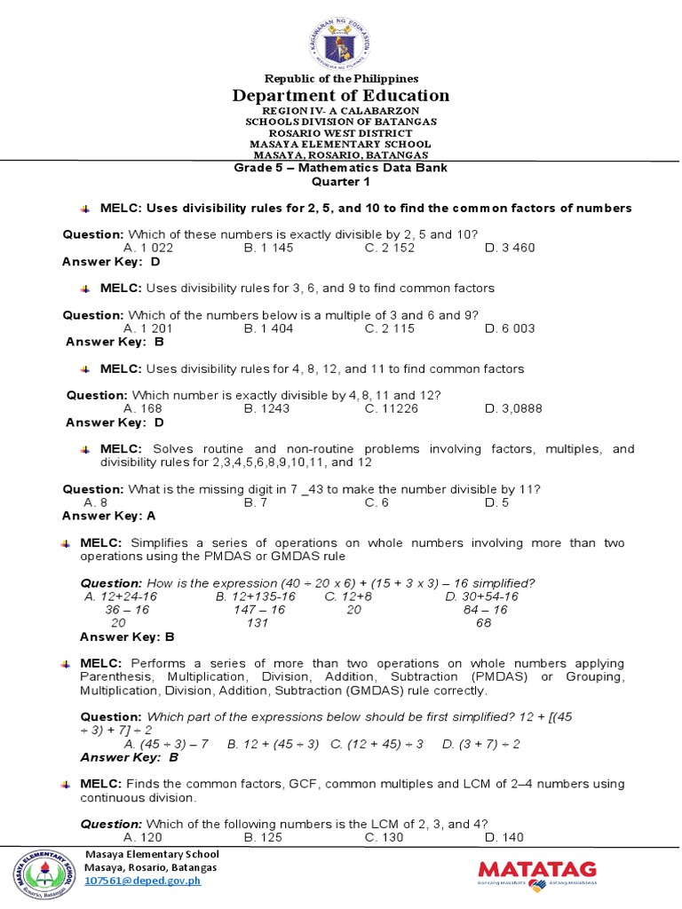 Masaya Es Grade 5 Q1 Data-Bank-In-Math-5 | PDF | Multiplication | Mathematics