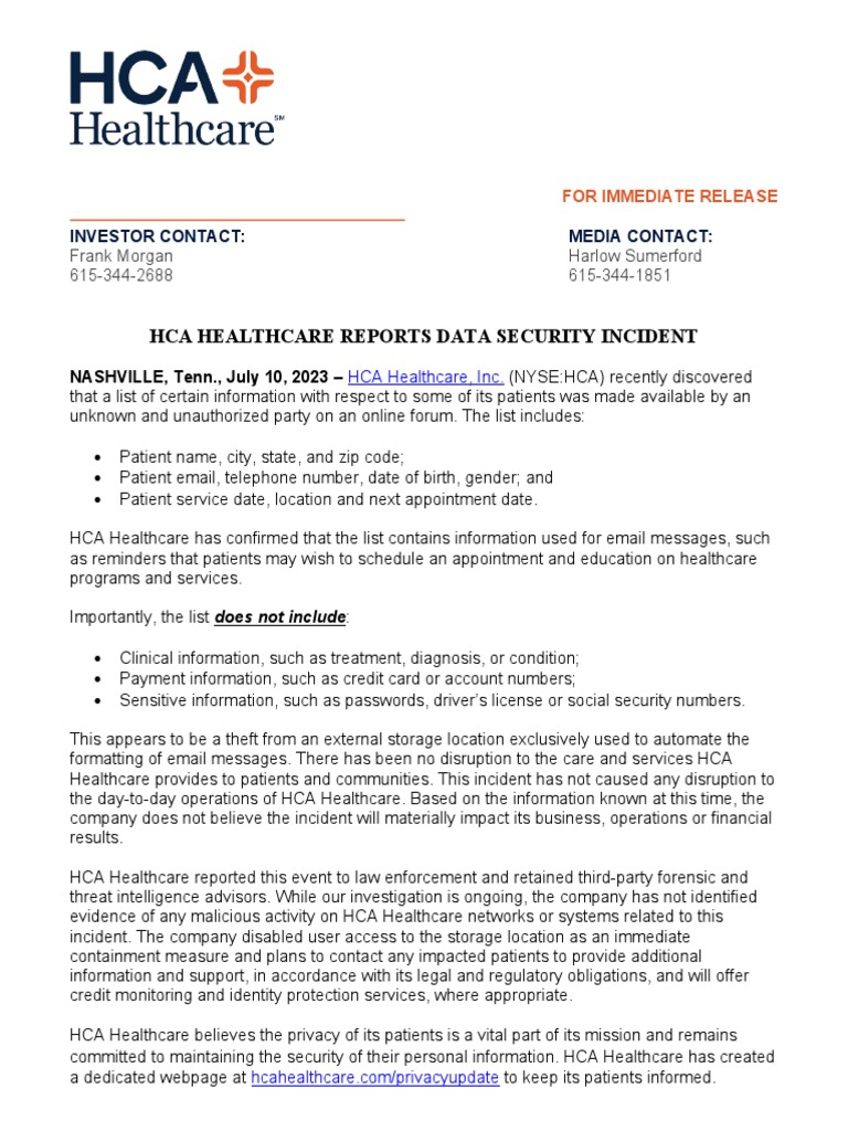 News - HCA Healthcare Reports Data Security Incident - FINAL | PDF | Health Care | Computer Security