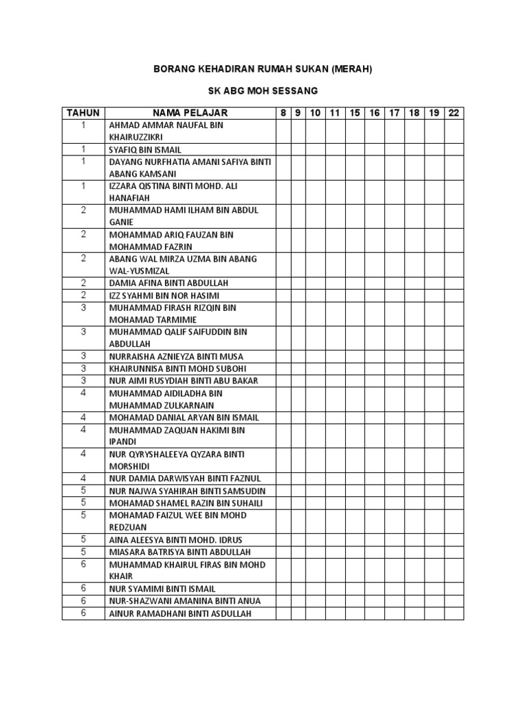 Borang Kehadiran Rumah Sukan Pelajar 2022 | PDF