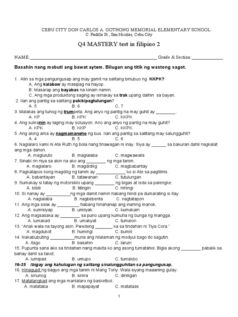 4th MT in FILIPINO2 | PDF