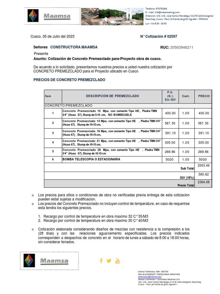 Cotizacion Concretos Maamsa S.a.. | PDF | Hormigón