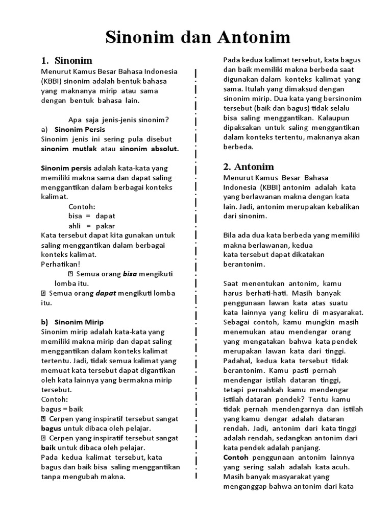 Sinonim Dan Antonim | PDF | Kajian Bahasa Asing