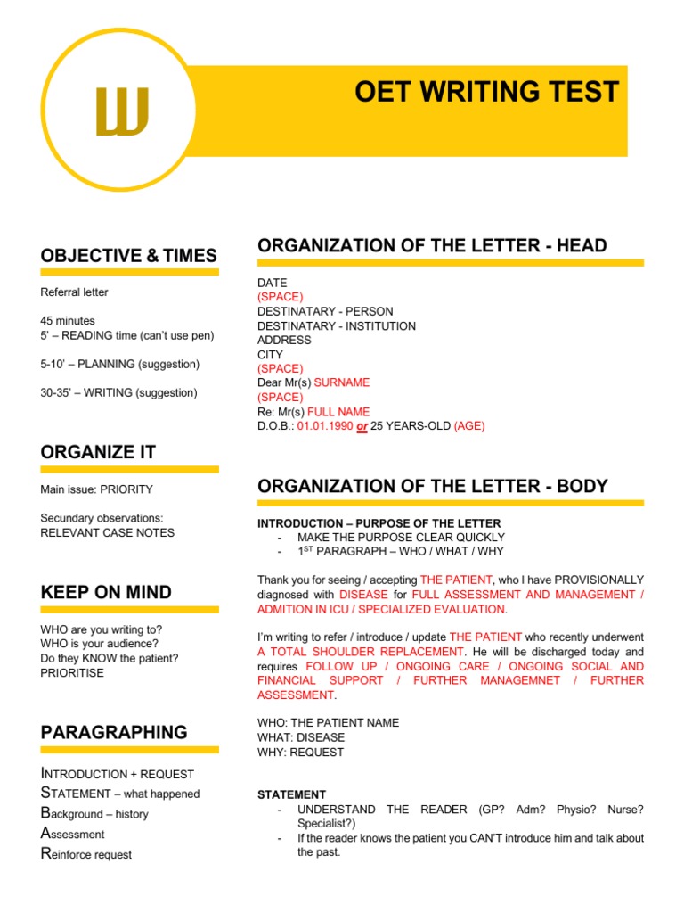 OET - Writing Keypoints + Model | PDF | Patient | Clinical Medicine
