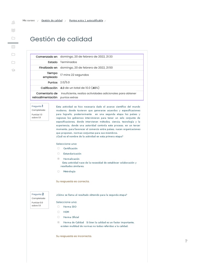 Gestion de Calidad - Puntos Extra 1 Autocalificable - Revisión Del Intento | PDF