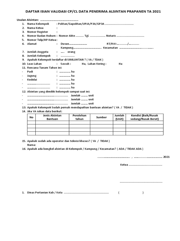 Blangko Validasi CPCL Alsintan | PDF