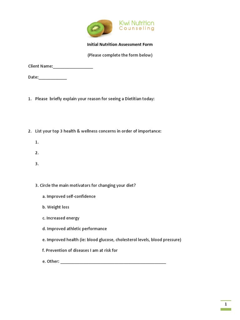 Initial Nutrition Assessment Form | PDF | Dieting | Obesity