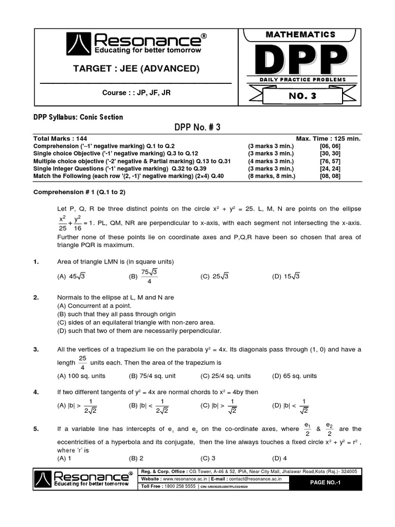 RESO Maths (Advance) Revision Dpp-3 | PDF | Ellipse | Perpendicular