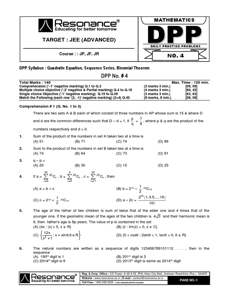 RESO Maths (Advance) Revision Dpp-4 | PDF | Zero Of A Function | Elementary Mathematics