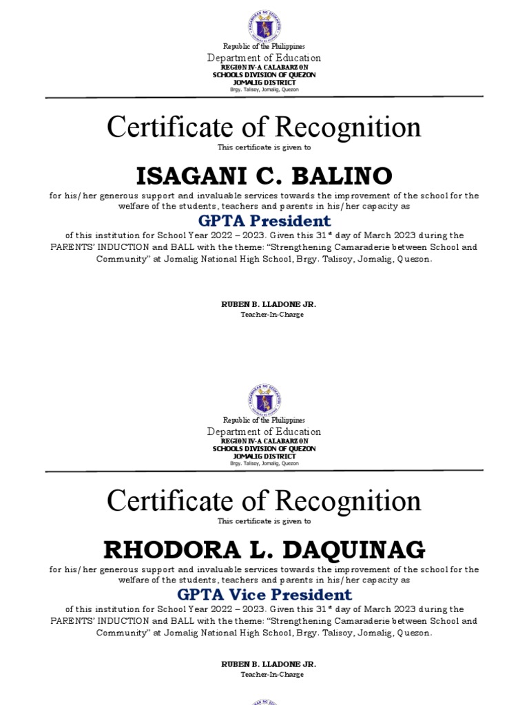 Certi For Pta Oficers | PDF