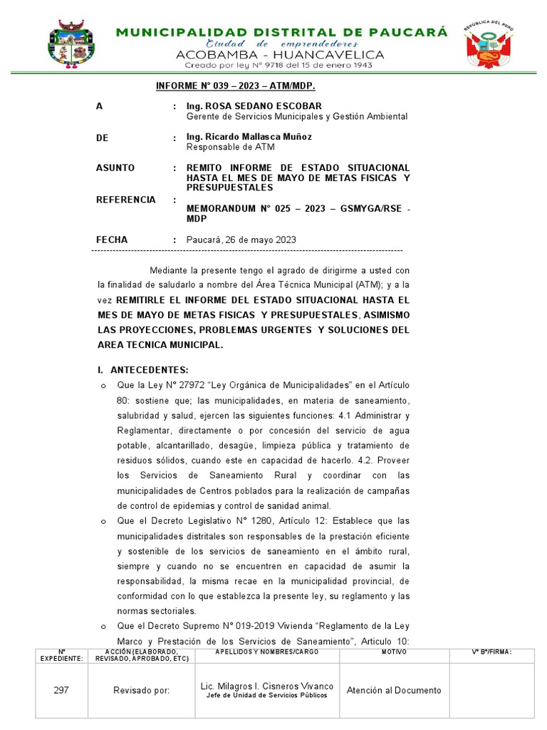 Informe #039 - Remito Informe Situacional de Metas Fisicas y ...