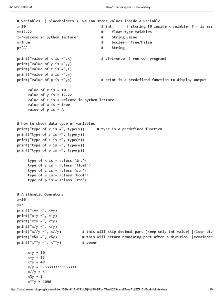 Day-1-Basics - Ipynb - Colaboratory | PDF | Data Type | Integer ...