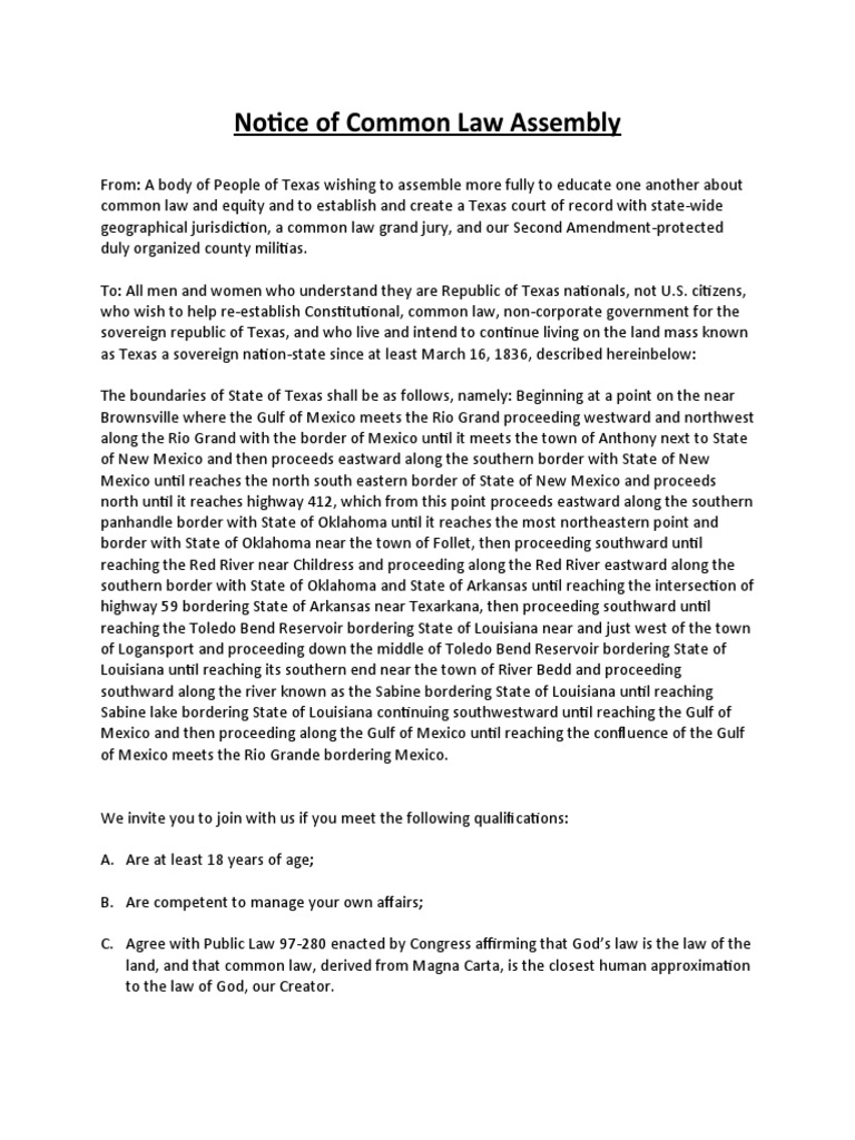 Notice of Common Law Assembly | PDF | Common Law | Texas
