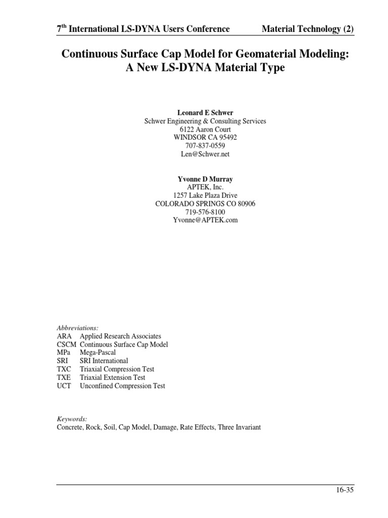 Continuous Surface Cap Model For Geomaterial Modeling - A New Ls-Dyna ...