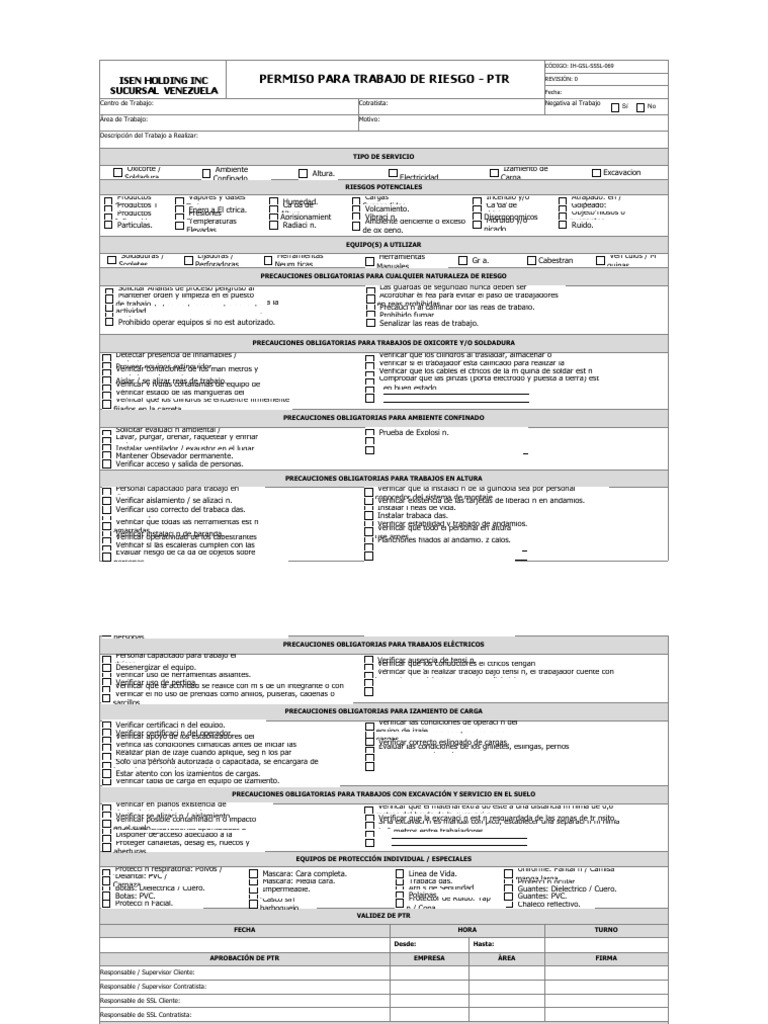 Formato PTR Permiso para Trabajo de Riesgo | PDF